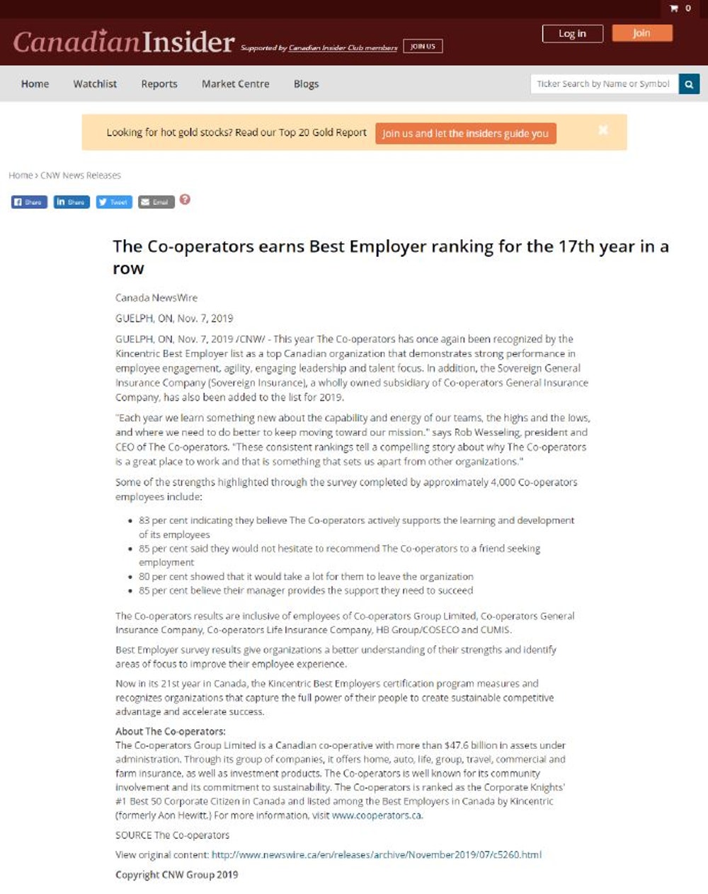 The Co-operators earns Best Employer ranking for 17th year in a row ...