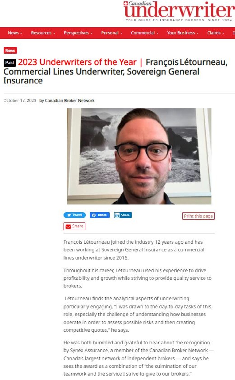 2023 Underwriters of the Year | François Létourneau, Commercial Lines ...