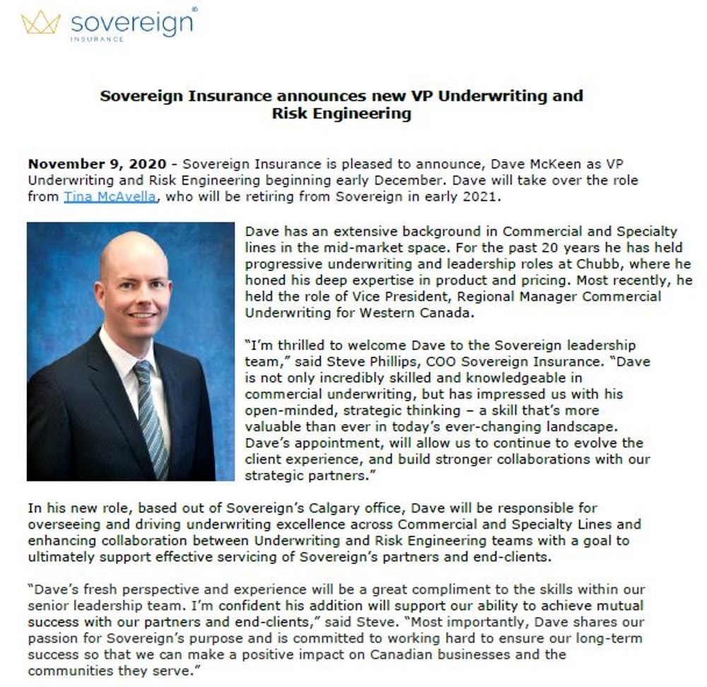 Sovereign Insurance announces new VP Underwriting and Risk Engineering ...