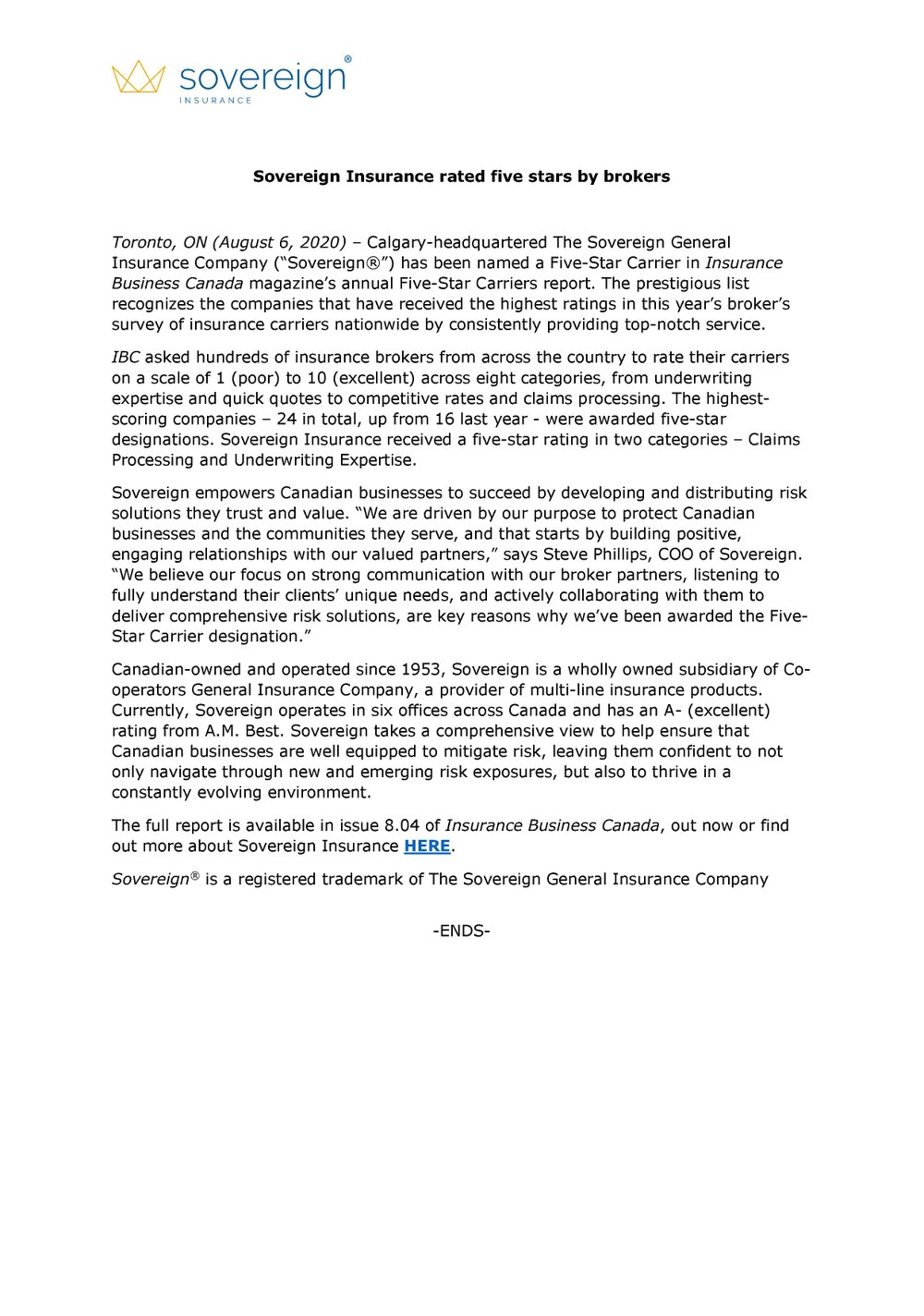 Sovereign Insurance rated five stars by brokers | Sovereign Insurance