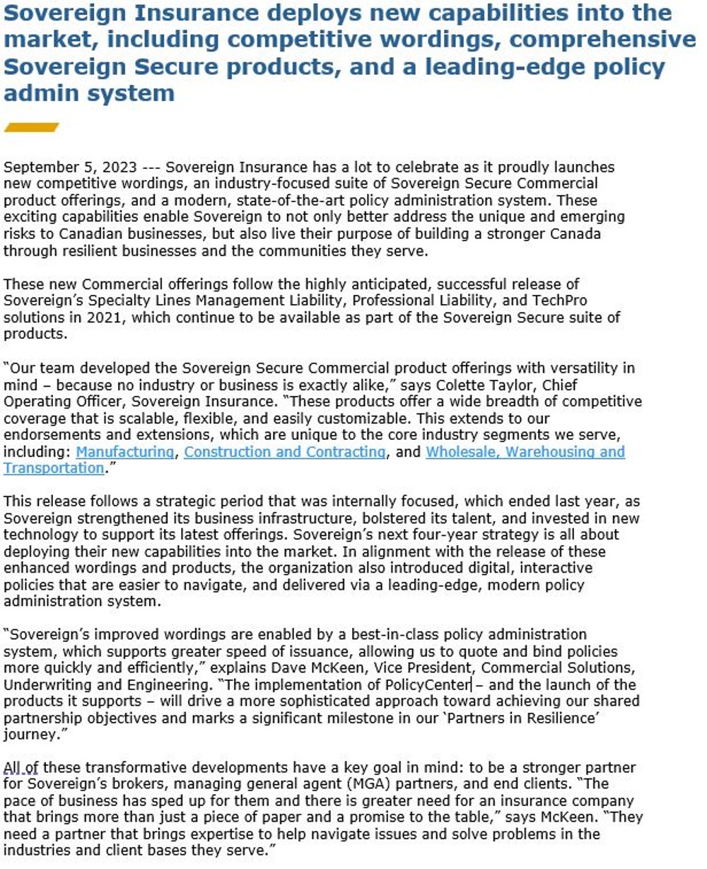 Sovereign Insurance deploys new capabilities into the market ...