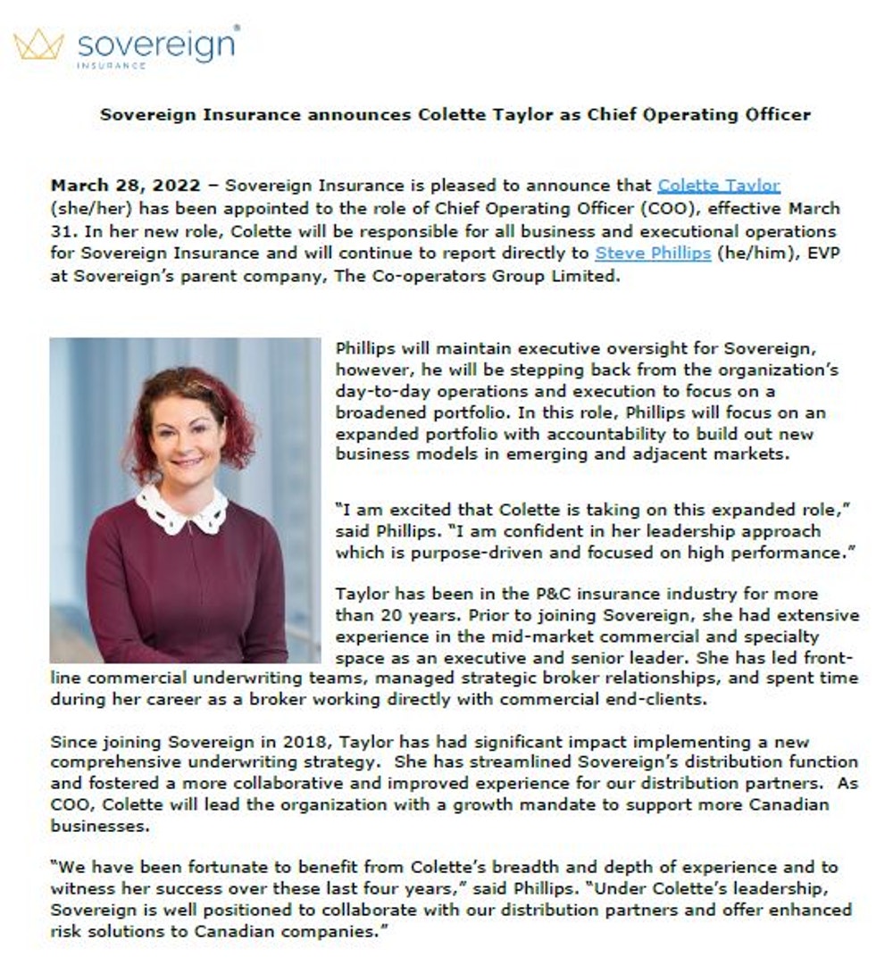 Sovereign Insurance announces Colette Taylor as Chief Operating Officer ...