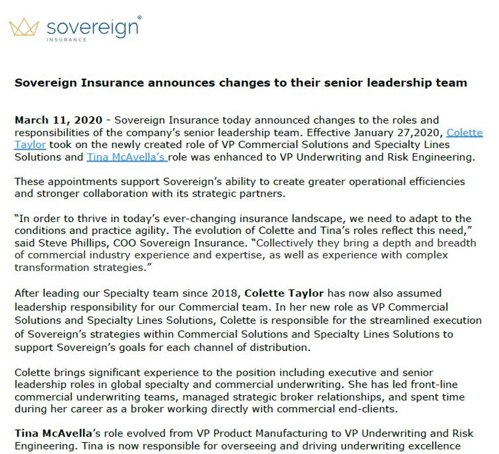 Sovereign Insurance announces changes to its Senior Leadership Team ...